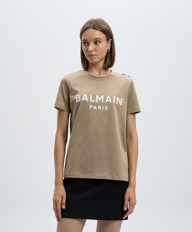 Balmain - Бежева футболка з принтом логотипа BF1EF005BB02 купити в Symbol